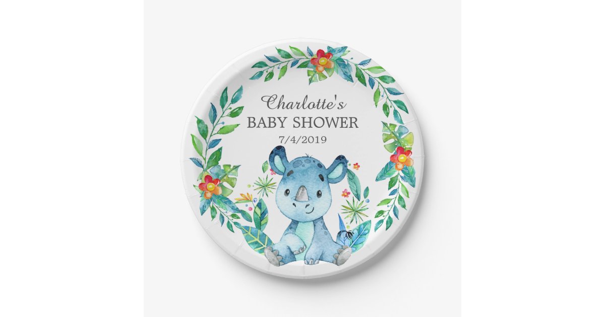 Jungle Rhino Baby Shower 7" Plate | Zazzle