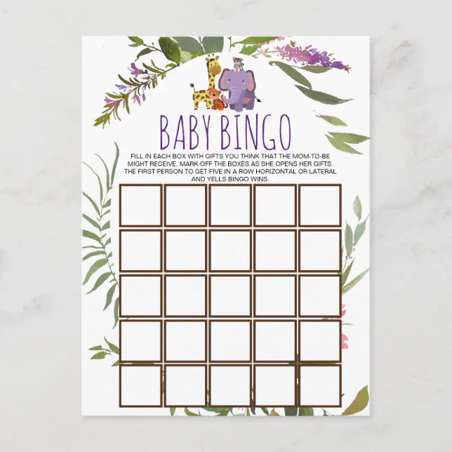 Jungle Safari Animal Baby Shower Bingo Card | Zazzle