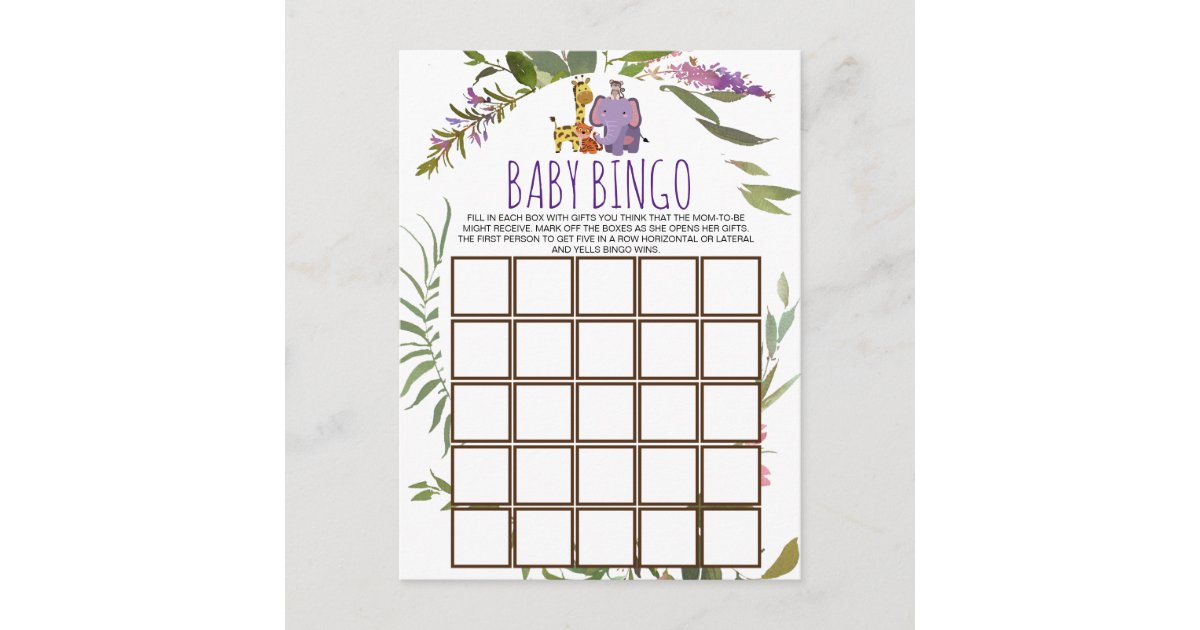Jungle Safari Animal Baby Shower Bingo Card | Zazzle