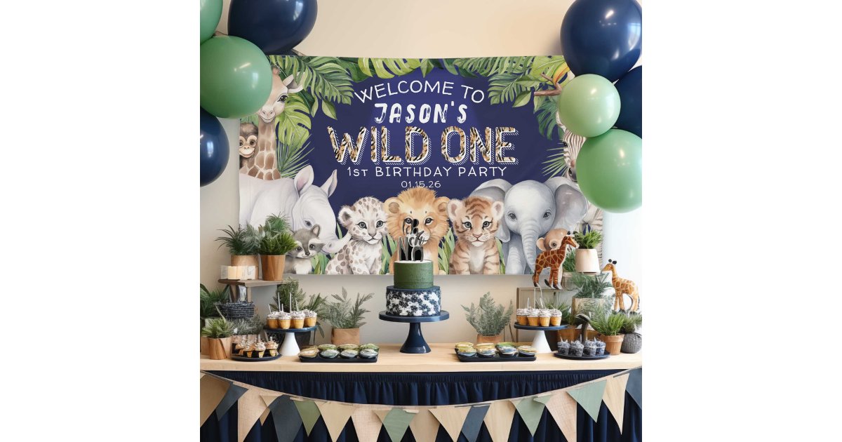 Jungle Safari Animals, Wild one Navy blue Welcome Banner | Zazzle