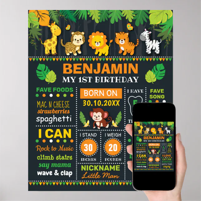 Jungle Safari Boy Birth Stats Birthday Milestone Poster | Zazzle