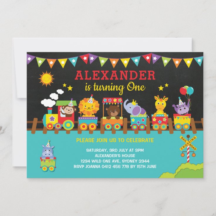 Jungle Safari Wild Animals on Train 1st Birthday Invitation | Zazzle