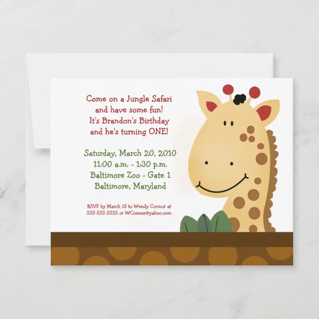 JUNGLE SAFARI Zanzibar Giraffe Zoo Birthday 4x5 Invitation | Zazzle