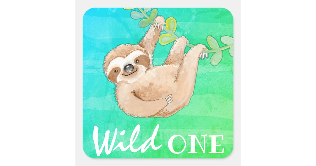 Jungle Sloth Wild One Party Square Sticker | Zazzle