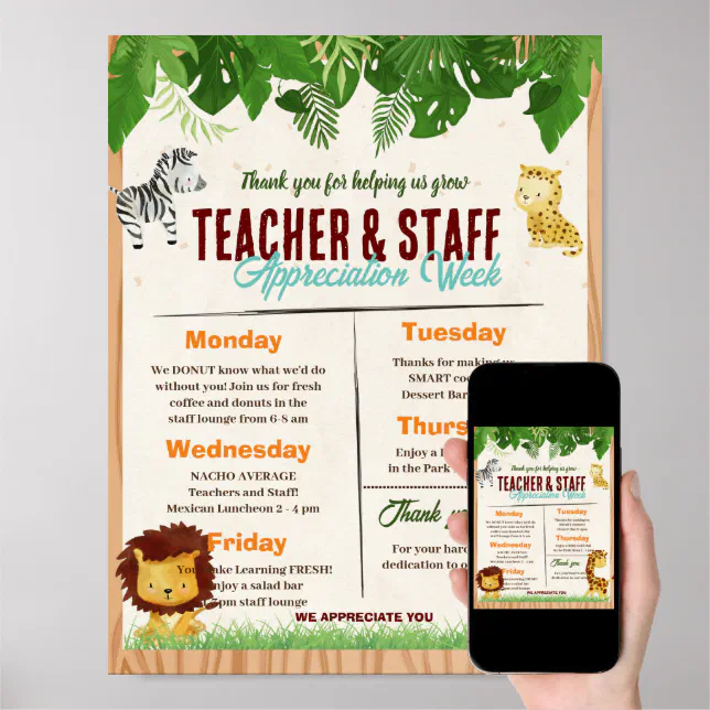 Jungle Teacher Appreciation Week Itinerary Poster | Zazzle