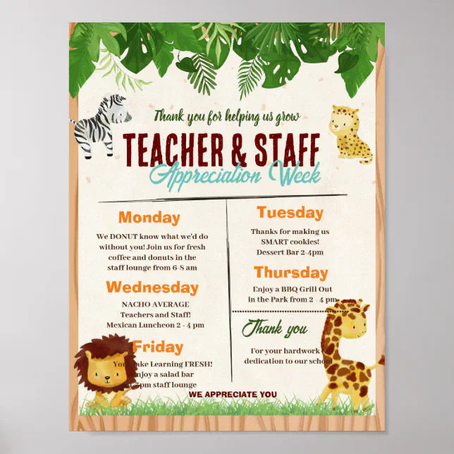 Jungle Teacher Appreciation Week Itinerary Poster | Zazzle