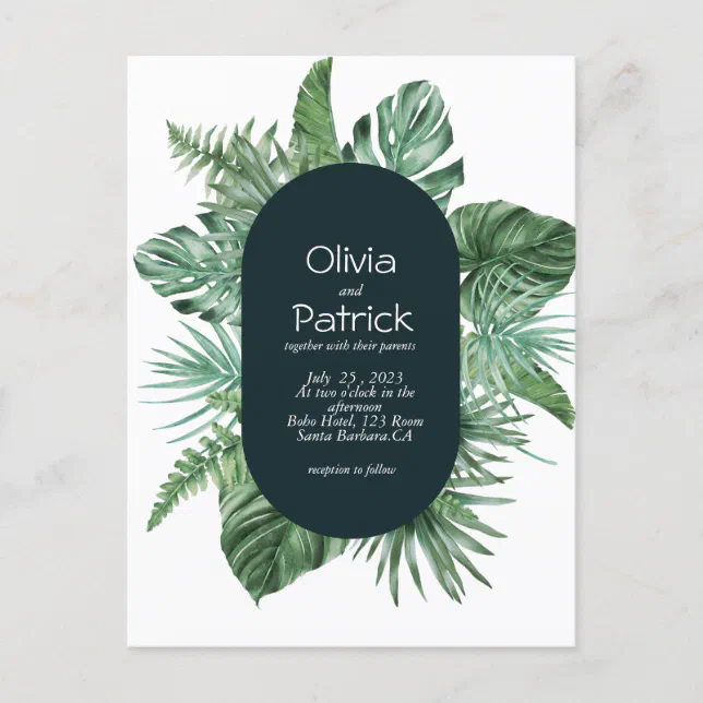 Jungle watercolor tropical green leaves invitation postcard | Zazzle