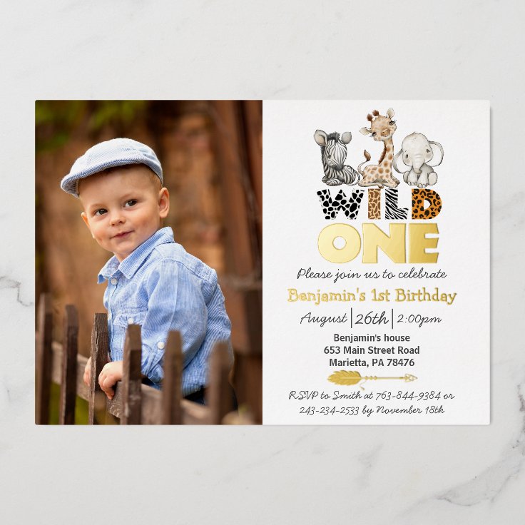 Jungle Wild One Photo Real Gold Foil Invitation | Zazzle
