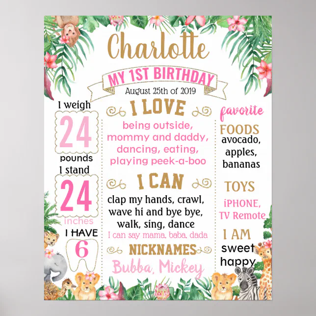 Jungle Zoo Safari Animals Birthday board Poster | Zazzle