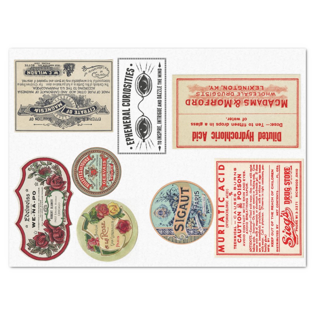 Junk Journal Label Elements Decoupage Paper | Zazzle