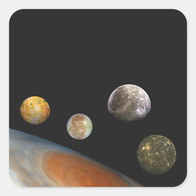 Jupiter and Four Moons Galilean Satellites Square Sticker | Zazzle