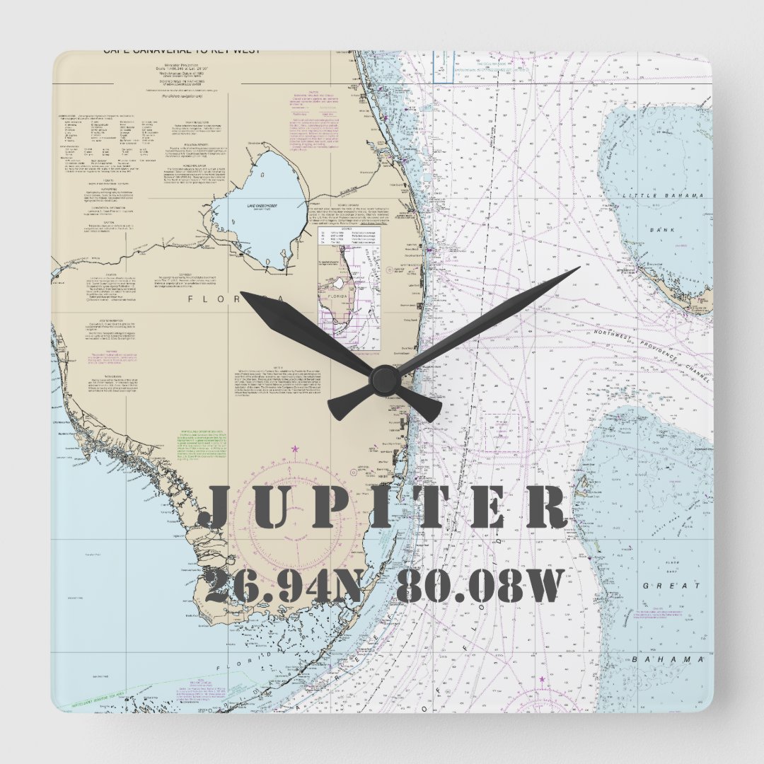 Jupiter FL Latitude Longitude Nautical Chart Square Wall Clock | Zazzle