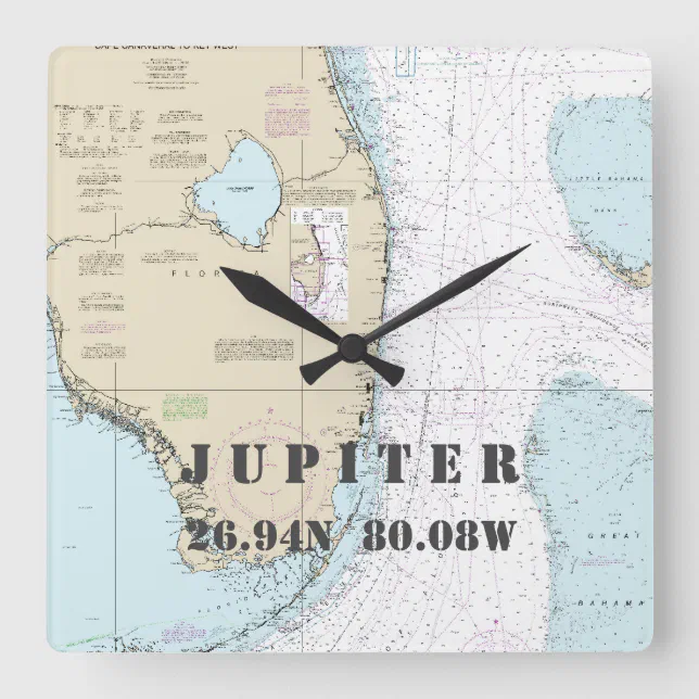 Jupiter FL Latitude Longitude Nautical Chart Square Wall Clock | Zazzle