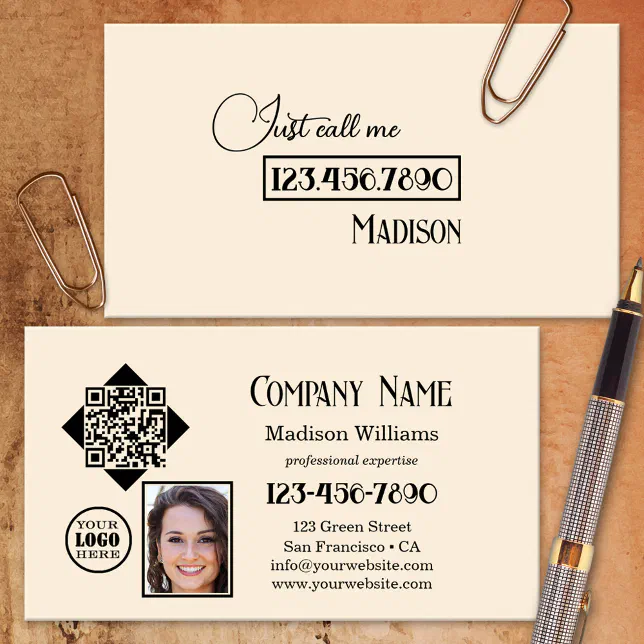 Just Call Me Simple QR Code Photo Logo Business Card | Zazzle