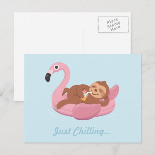 Just Chilling Sloth Pink Flamingo Float Postcard | Zazzle