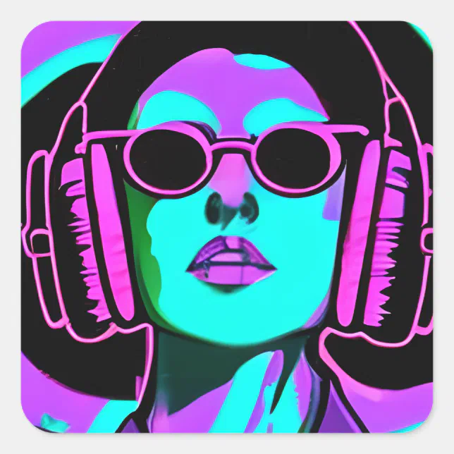 Just Groovin' Music Headphones Psychedelic Lady Square Sticker | Zazzle