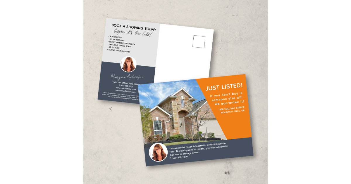 JUST LISTED Orange Photo Real Estate Marketing Postcard | Zazzle