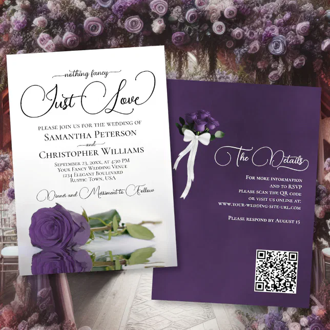 Just Love Amethyst Purple Rose QR Code Wedding Invitation | Zazzle