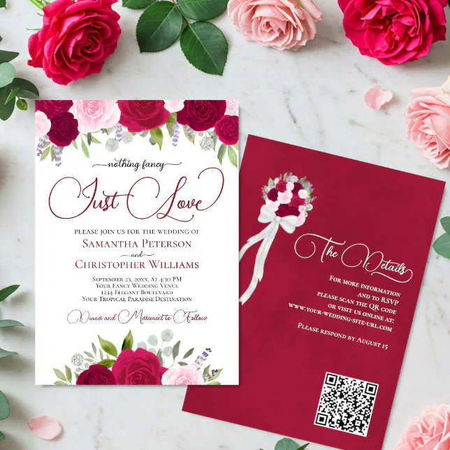 Just Love Hot Pink & Blush Roses QR Code Wedding Invitation | Zazzle