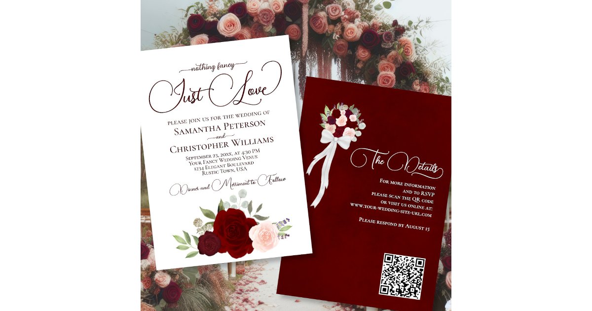Just Love Red & Pink Roses Boho QR Code Wedding Invitation | Zazzle