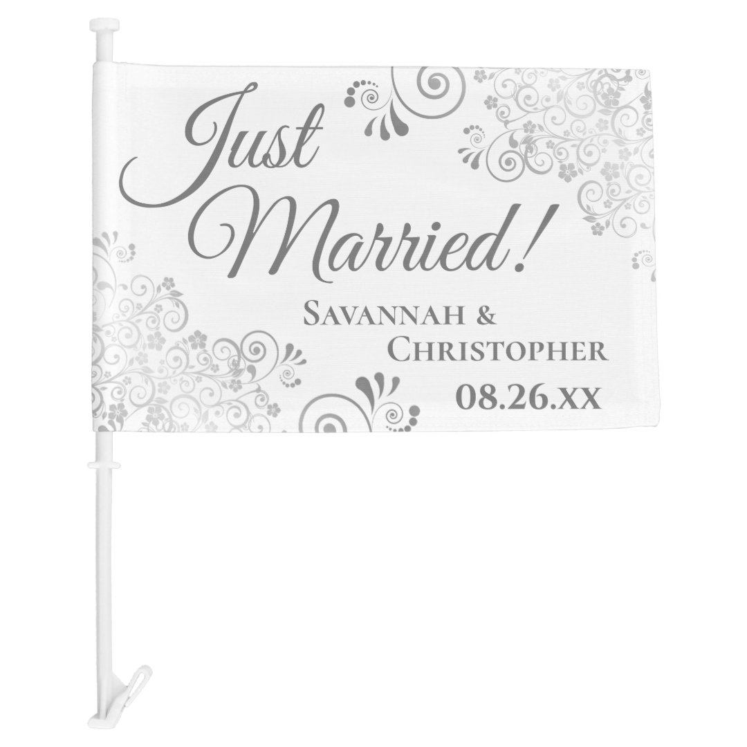 Just Married Chic Silver Frills on White Newlyweds Car Flag | Zazzle