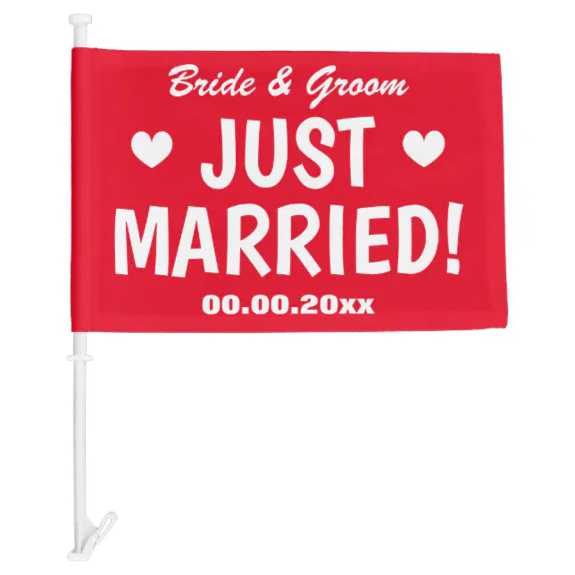 Just Married custom red wedding car window flag | Zazzle