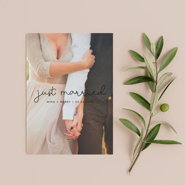 Just married Cute script wedding photo card | Zazzle