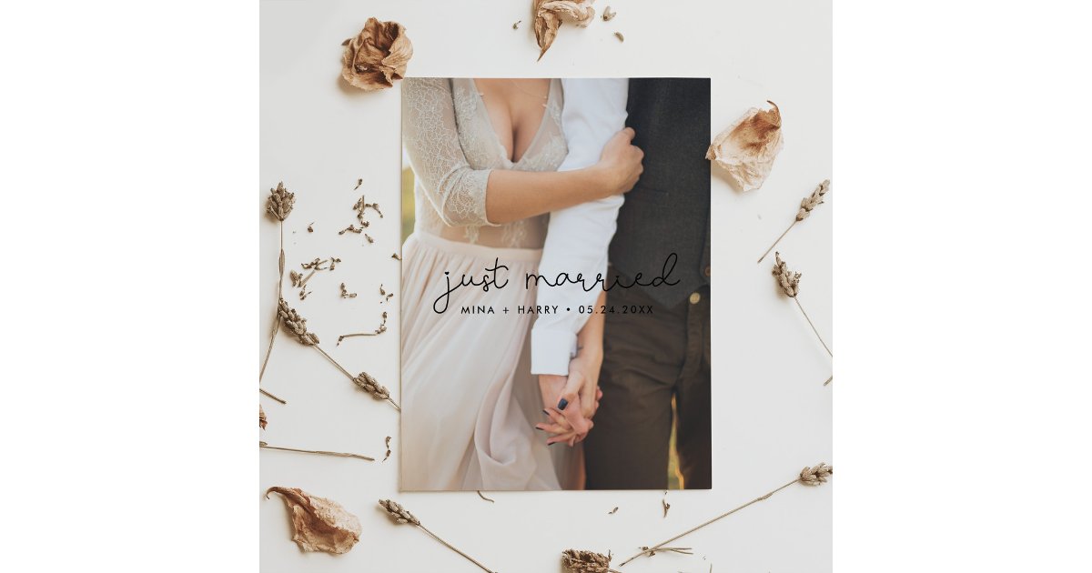 Just married Cute script wedding photo Postcard | Zazzle