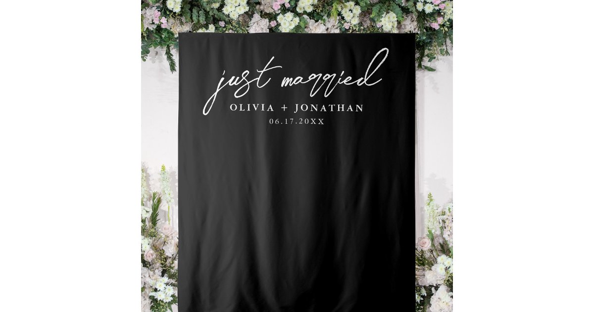 Just Married Elegant Calligraphy Wedding Backdrop | Zazzle
