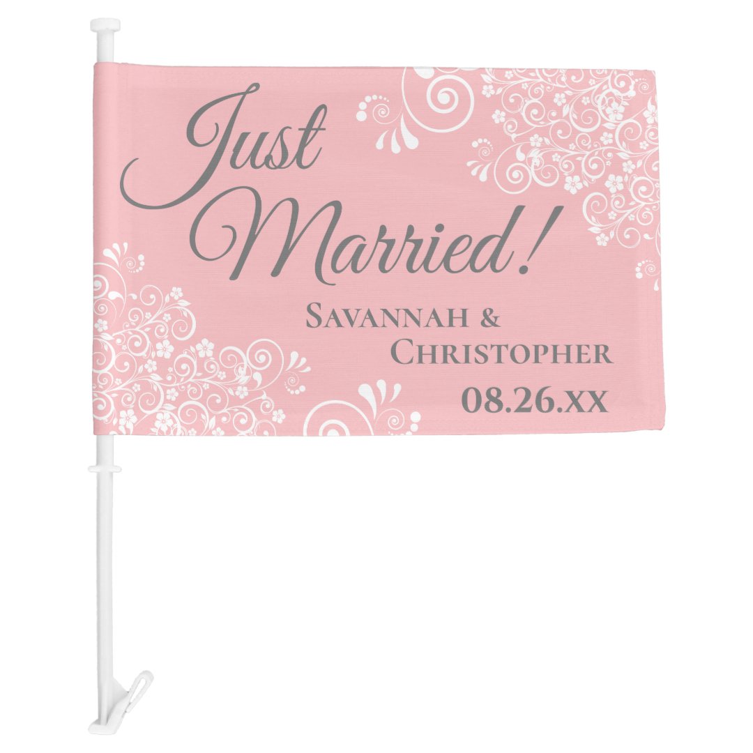 Just Married Elegant Frilly Pink Newlyweds Car Flag | Zazzle