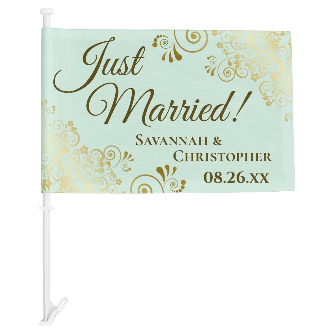 Just Married! Elegant Gold Frills Mint Newlyweds Car Flag | Zazzle