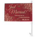 Just Married! Elegant Gold Frills on Red Newlyweds Car Flag | Zazzle