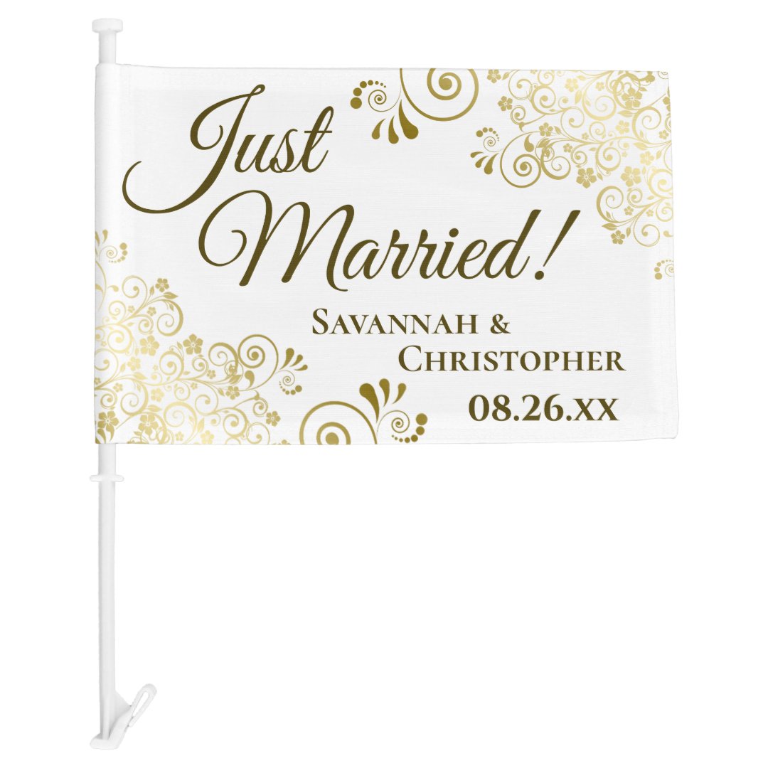 Just Married! Elegant Gold Frills White Newlyweds Car Flag | Zazzle