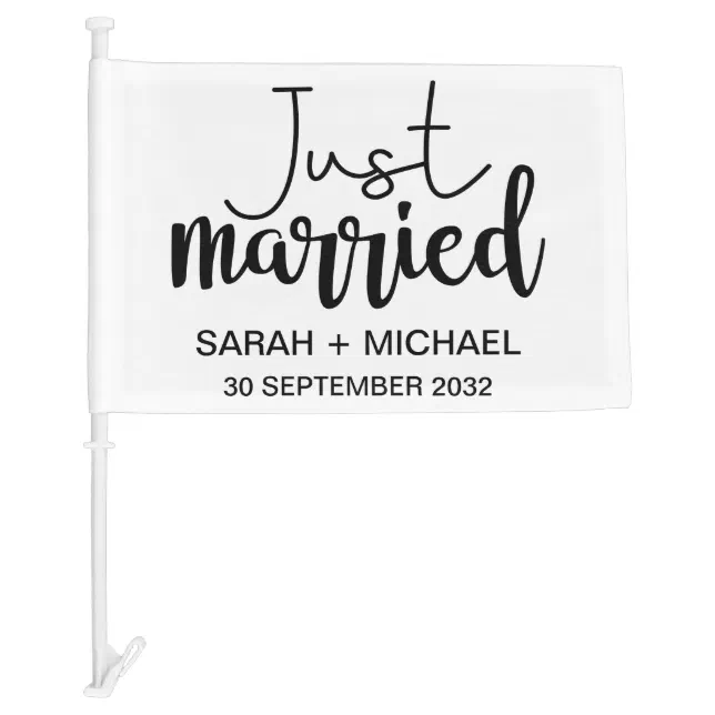 Just married elegant script wedding custom car flag | Zazzle