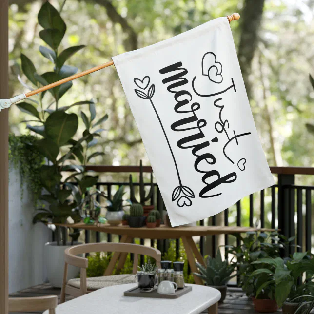 Just married elegant script wedding house flag | Zazzle
