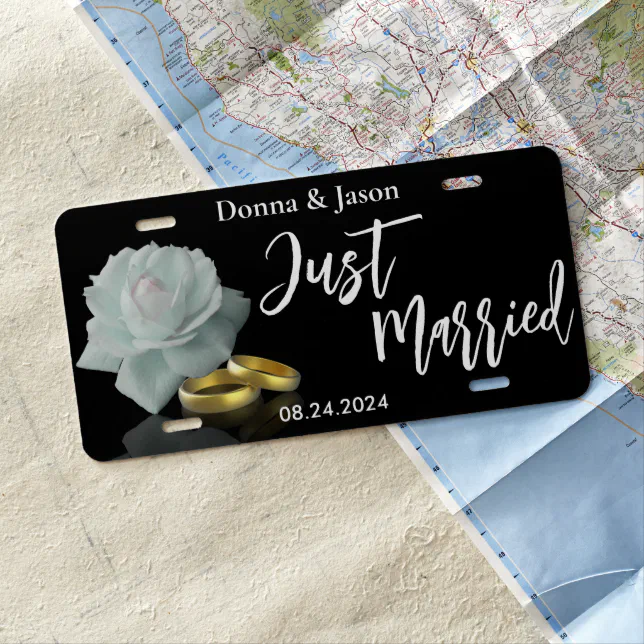 Just Married Elegant Wedding White Rose Gold Rings License Plate | Zazzle