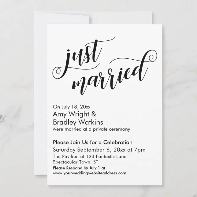 Just Married Fancy Script Post Wedding Celebration Invitation | Zazzle