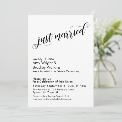 Just Married Fancy Script Post Wedding Celebration Invitation | Zazzle