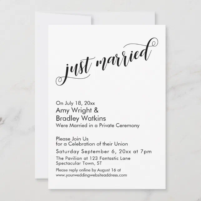 Just Married Fancy Script Post Wedding Celebration Invitation | Zazzle