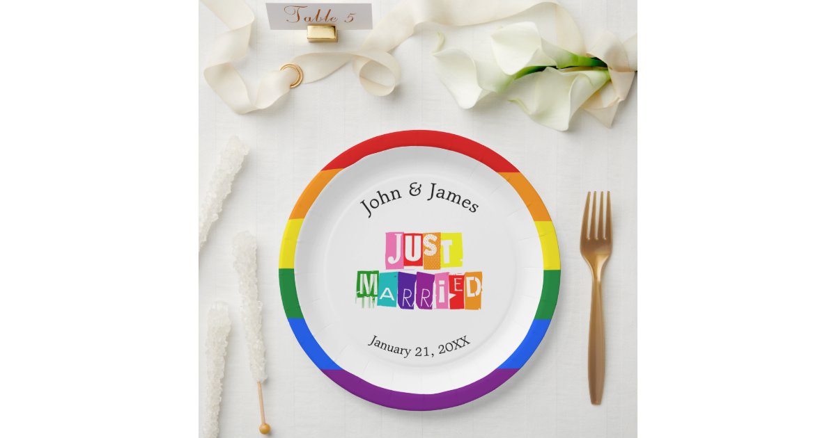 Just Married Gay Wedding Couple LGBTQ Paper Plates | Zazzle