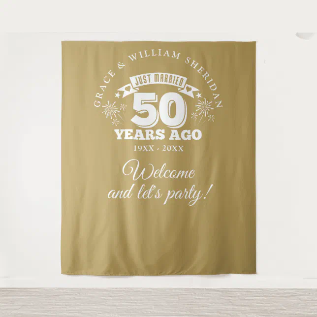 Just Married Gold 50th Anniversary Photo Backdrop | Zazzle