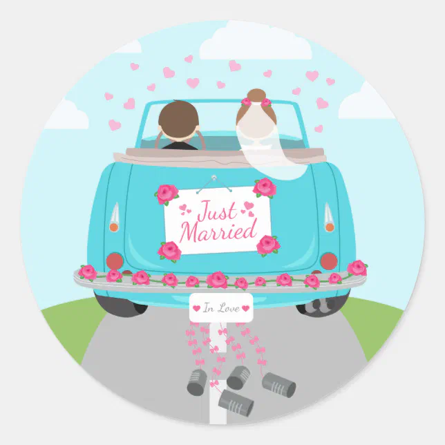 Just Married Green, Blue Turquoise Wedding Classic Round Sticker | Zazzle