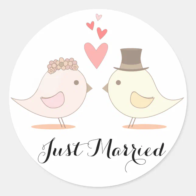 Just Married Lovebirds Pink Wedding Announcement Classic Round Sticker ...