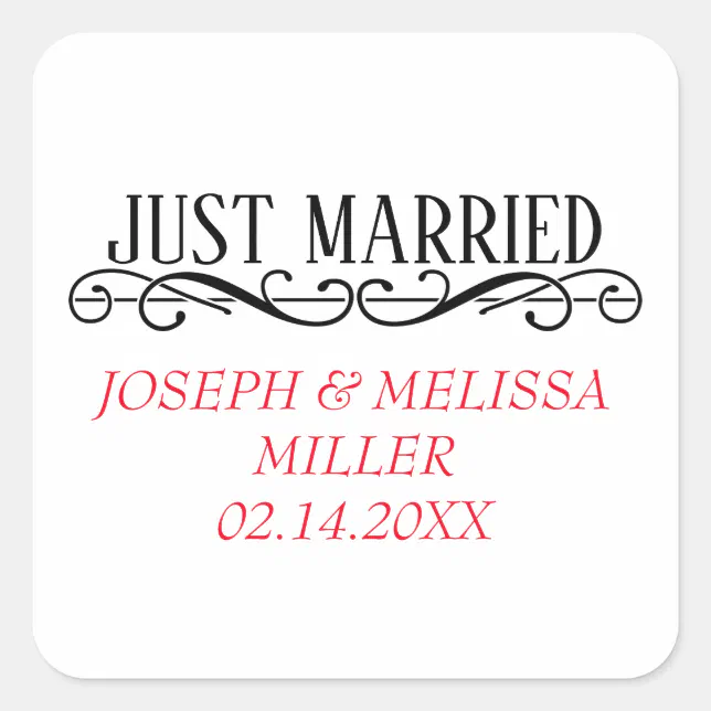 Just Married Newlywed Names Wedding Candle Favors Square Sticker | Zazzle