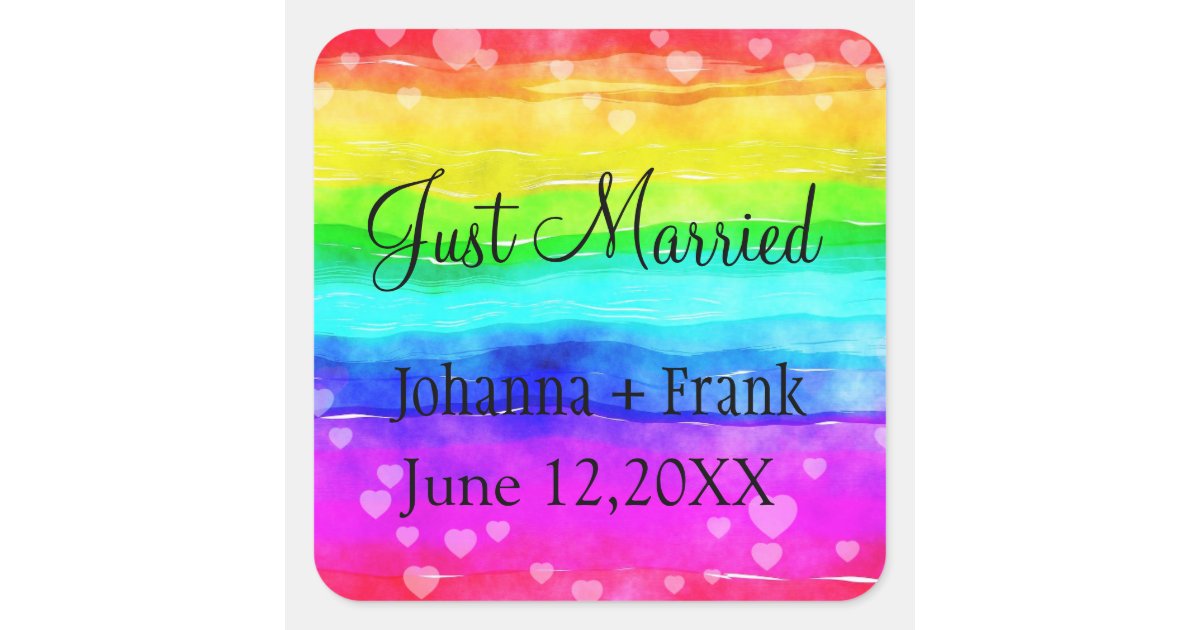 Just Married Rainbow Square Sticker | Zazzle