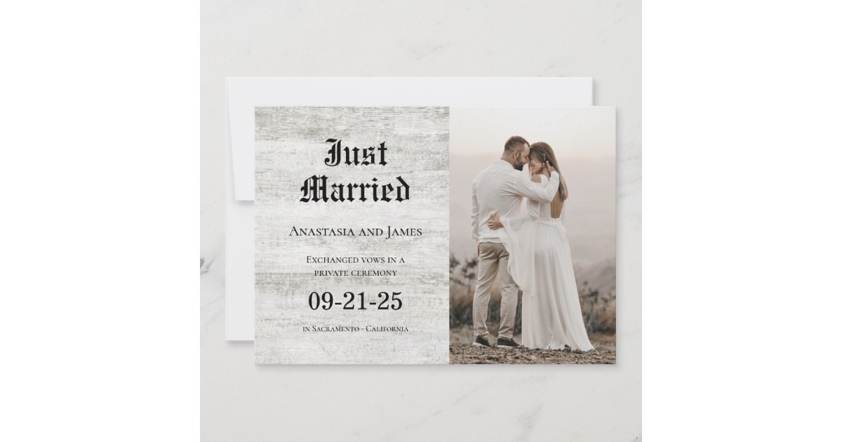 Just Married Rustic Bleached Wood Photo Wedding Announcement | Zazzle