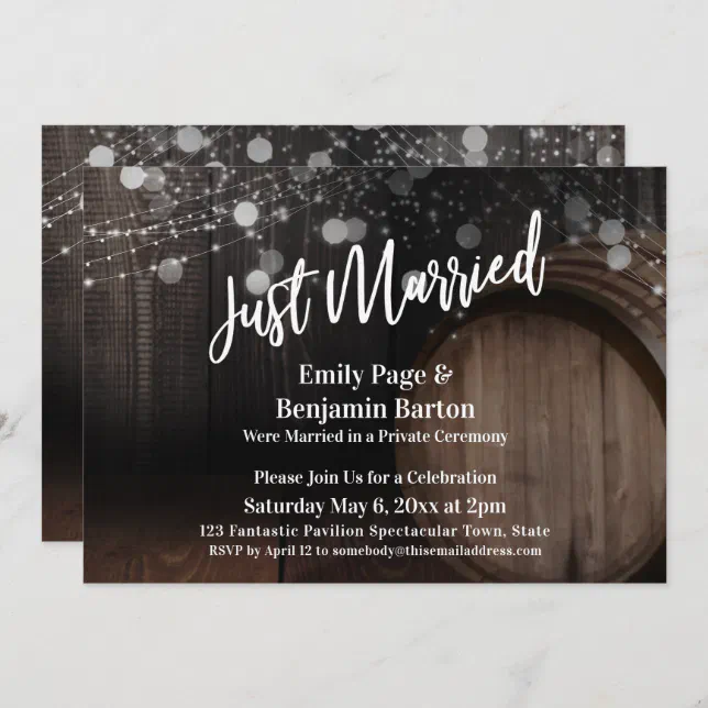 Just Married Rustic Wood Barrel and Lights Invitation | Zazzle