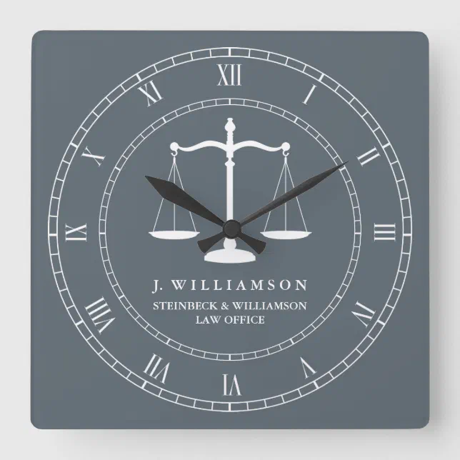 Justice Scales Custom Name Lawyer Slate Grey Square Wall Clock | Zazzle