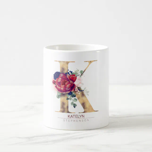 K Monogram Floral Burgundy Red and Navy Blue Coffee Mug | Zazzle