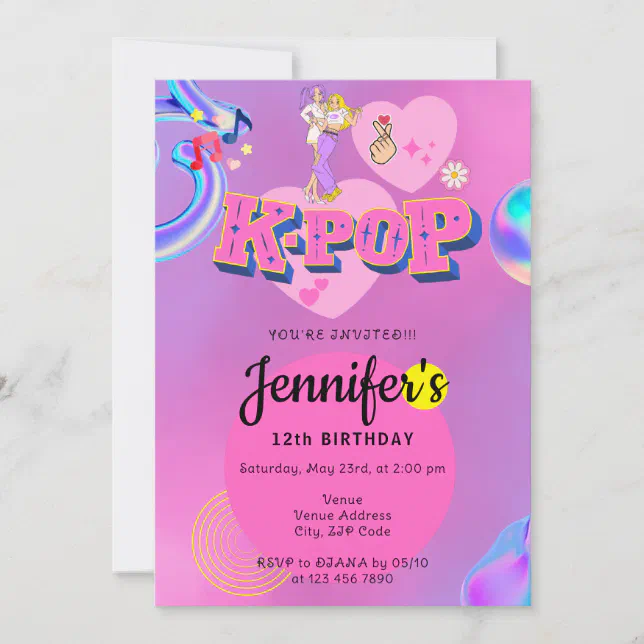 K-Pop Music Star Korean Pop Theme Birthday Party Invitation | Zazzle